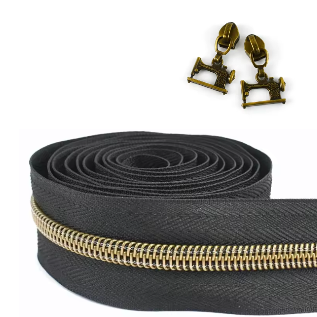 Black & Bronze Nylon Size 5 Zipper with Sewing Machine Pulls | The ...
