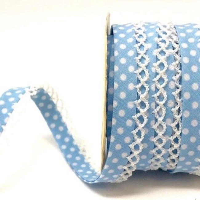 Light Blue Lace Edge Spotty Bias Binding 12mm | The Quilt Shop