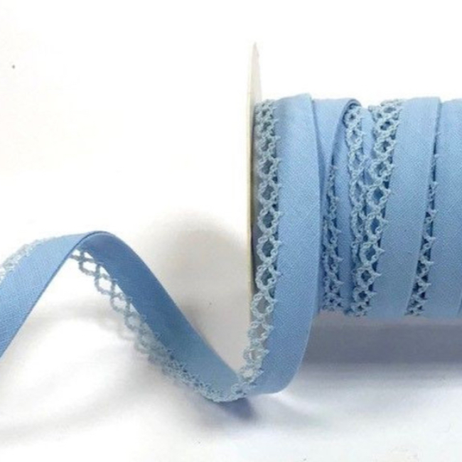 Pale Blue Lace Edge Plain Bias Binding 12mm | The Quilt Shop