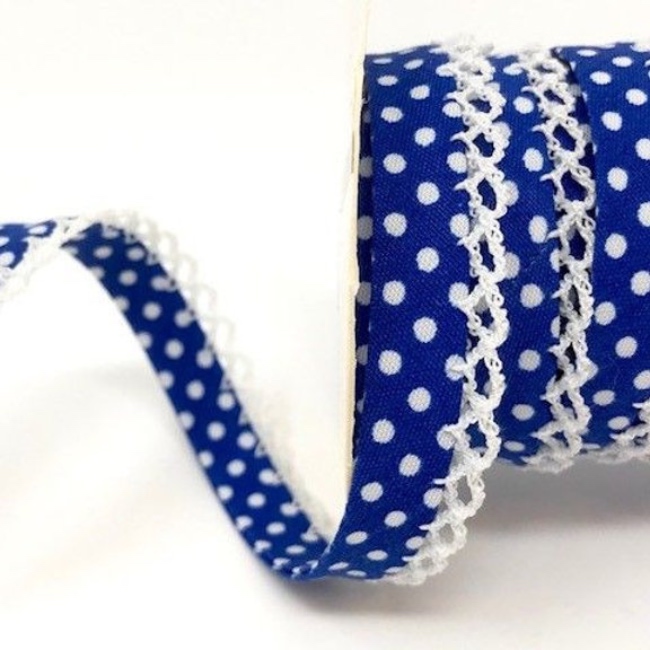 Royal Blue Lace Edge Spotty Bias Binding 12mm | The Quilt Shop