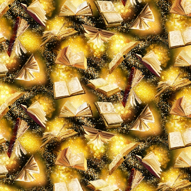 Mystic Library Gold Magic Spell Books Flying Fabric | The Quilt Shop