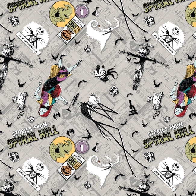 Nightmare Before Christmas Fabric - Grey Creepy Comics Character Toss ...