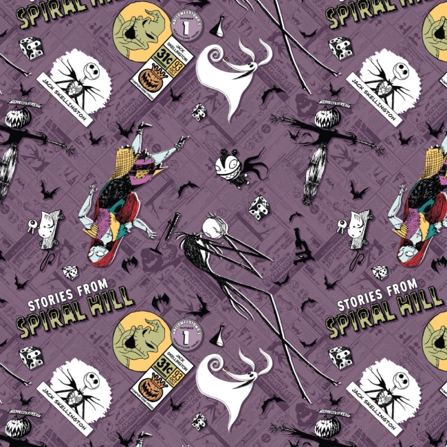 Nightmare Before Christmas Fabric - Mauve Creepy Comics Character Toss ...