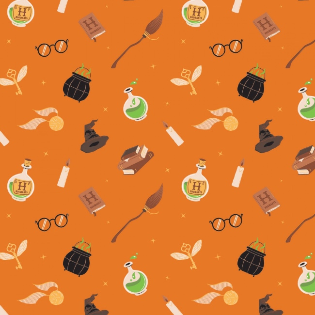 Harry Potter Orange Magical Tools Halloween Fabric - The Quilt Shop