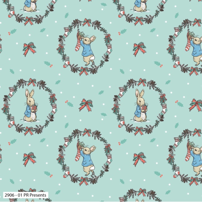 Peter Rabbit Christmas Wreath Fabric - Mint | The Quilt Shop
