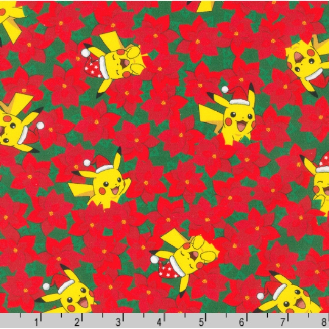 Pokemon Pikachu's Christmas Poinsettia Fabric - The Quilt Shop