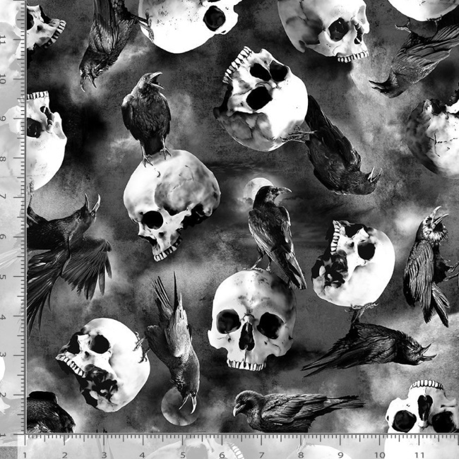 Wicked Grey Ravens on Skulls Halloween Fabric | The Quilt Shop